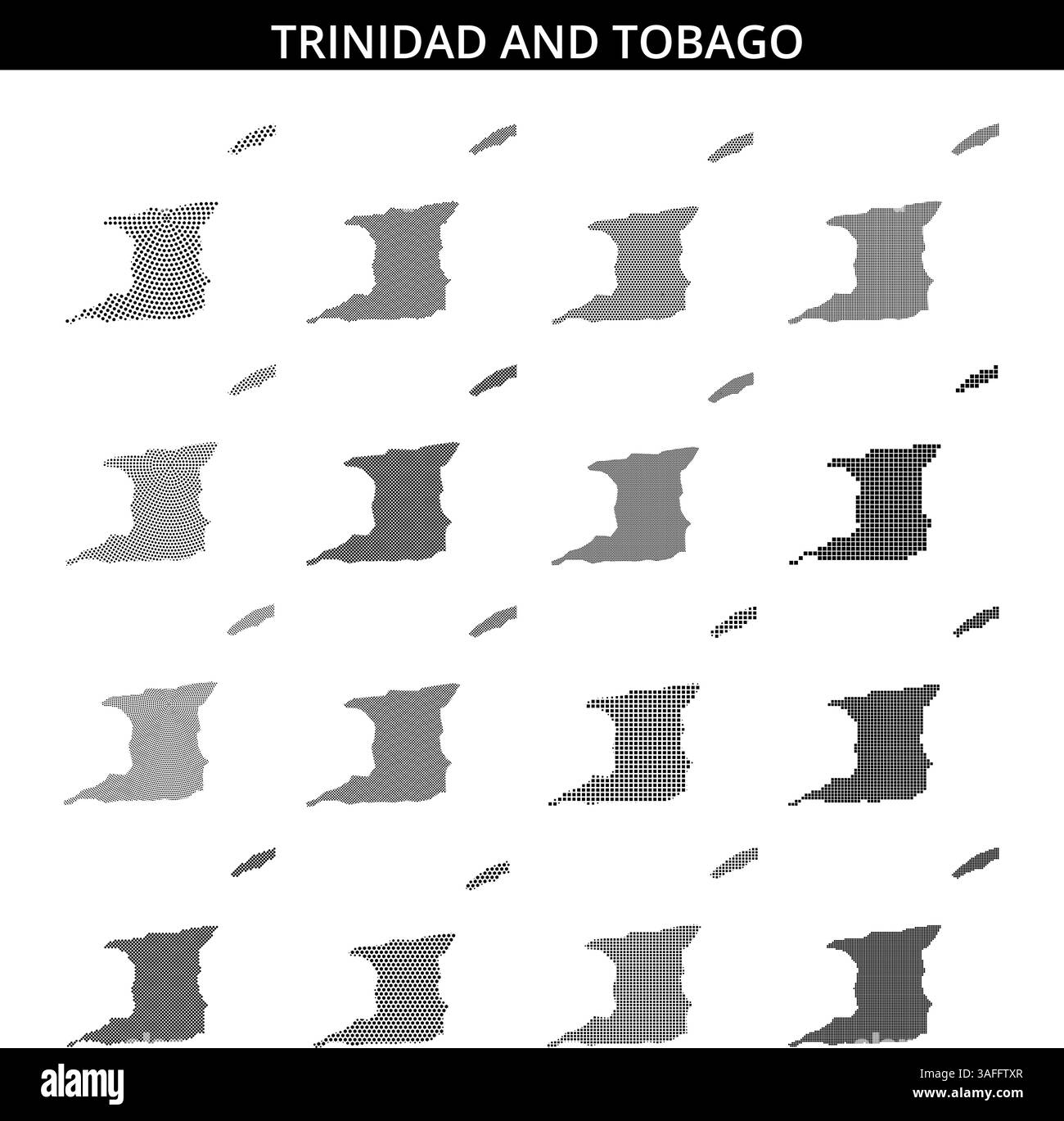 This map outline of Trinidad and Tobago displays a dotted pattern ...