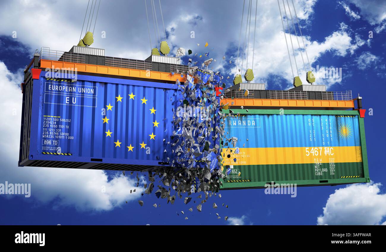 Cargo containers with flags of European Union and Rwanda - 3D ...