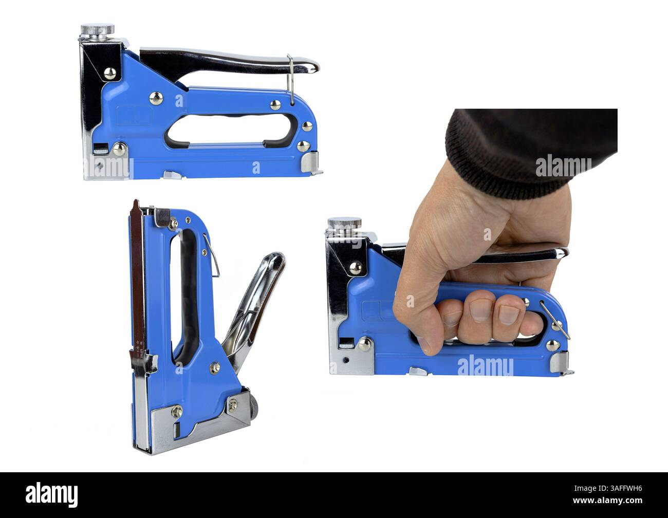Metal construction stapler with blue body, in hand on white isolated ...
