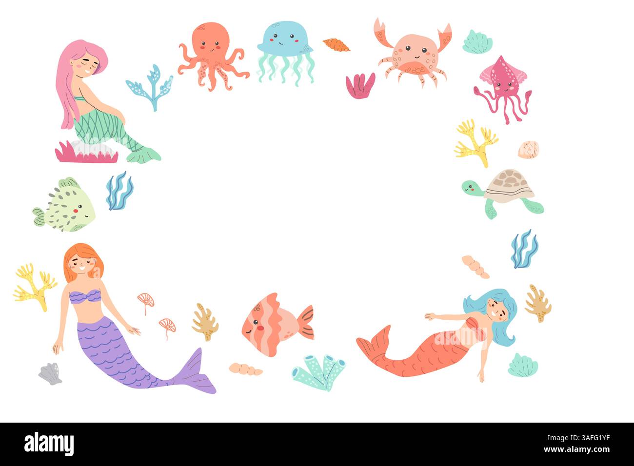 Colorful marine life frame with mermaids, octopus, jellyfish, crab, and ...