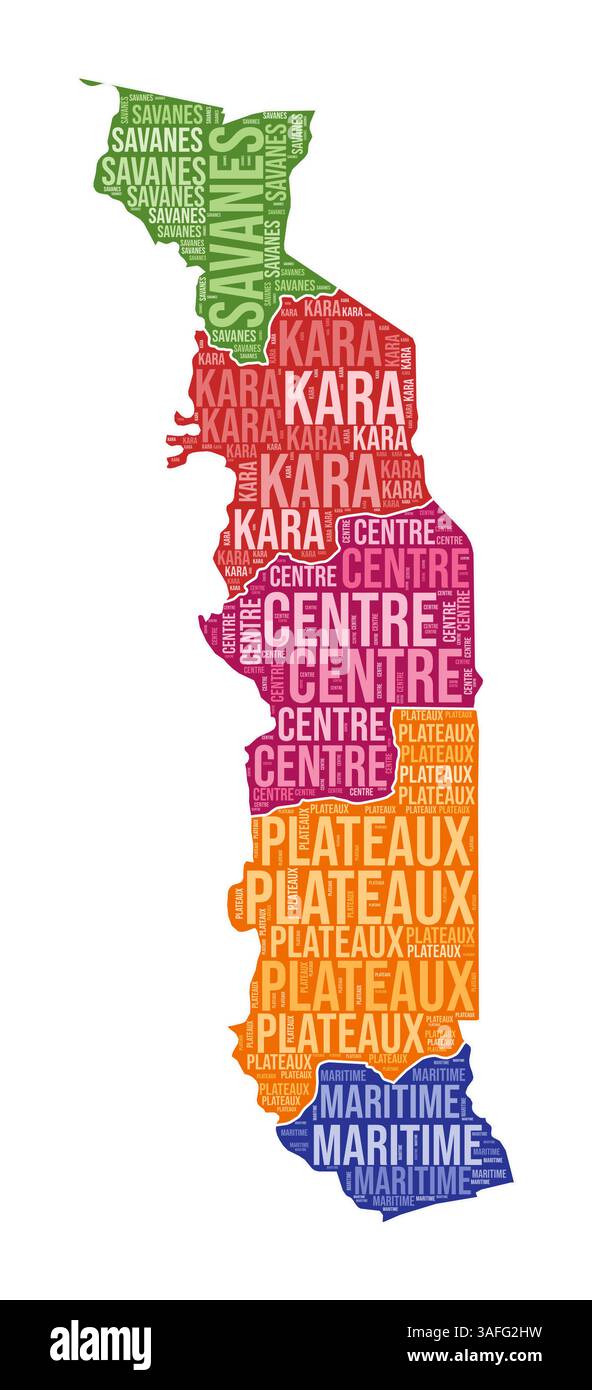 Togo shape. Country word cloud with region division. Togo colored ...