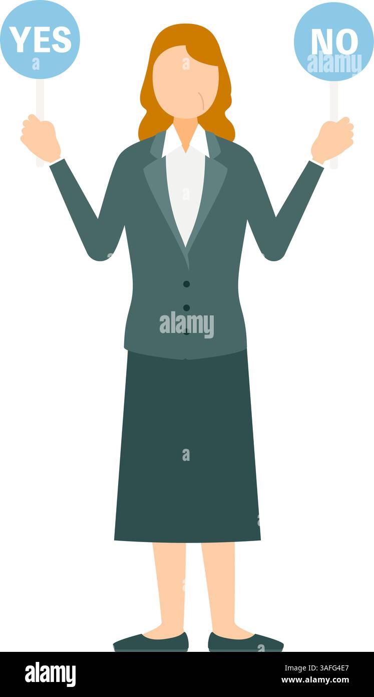 Simple illustration of businesswoman in business suit holding a yes-no ...