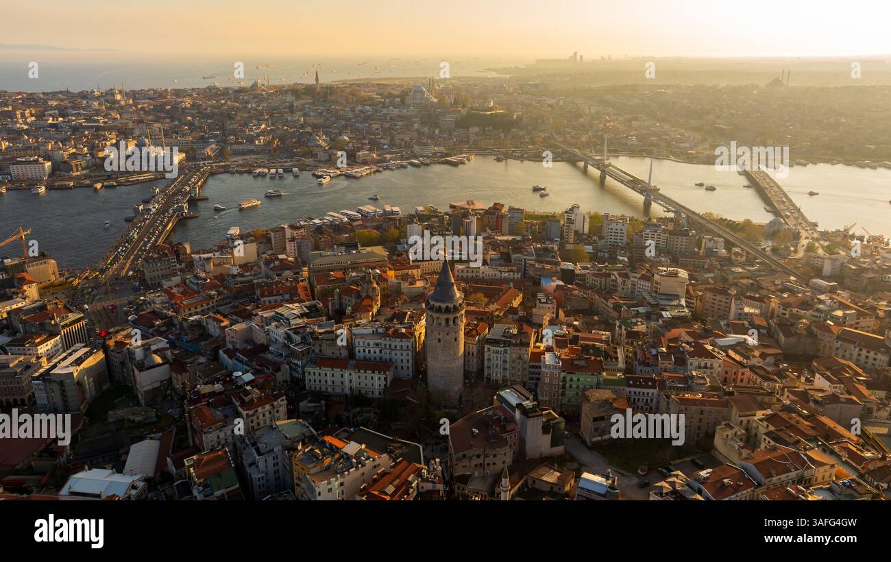 Aerial Galata Tower at Sunset. Galata Bridge and Golden Horn of ...