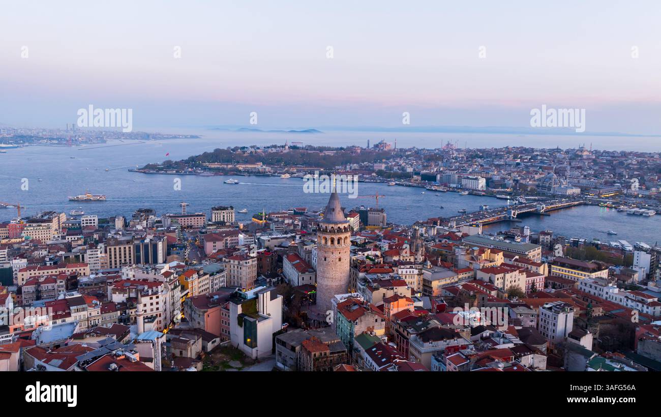 Aerial Galata Tower at Sunset. Galata Bridge and Golden Horn of ...