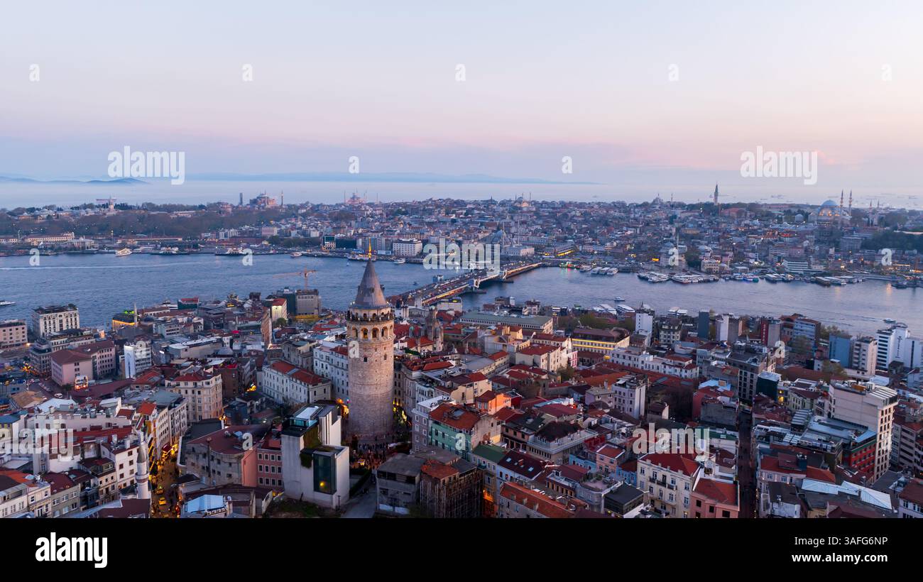 Aerial Galata Tower at Sunset. Galata Bridge and Golden Horn of ...
