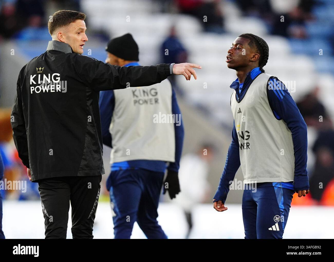 Leicester City's Jeremy Monga (right) warming up with Leicester City ...