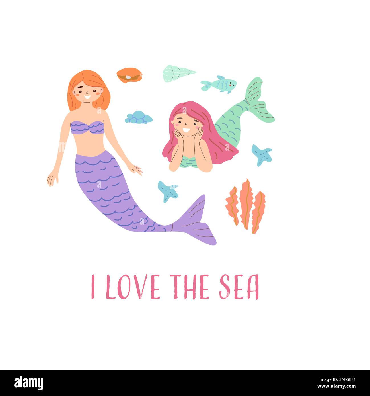 Illustration of two young female mermaids with sea creatures Stock ...