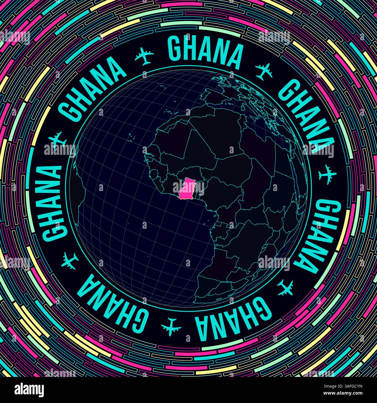 Ghana on globe. Satellite view of the world centered to Ghana. Bright ...