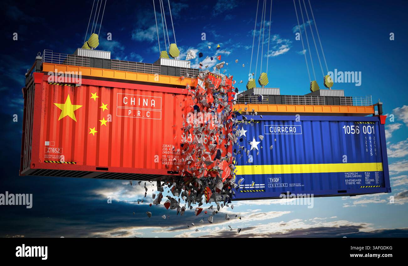 Cargo containers with flags of China and Curacao - 3D illustration ...