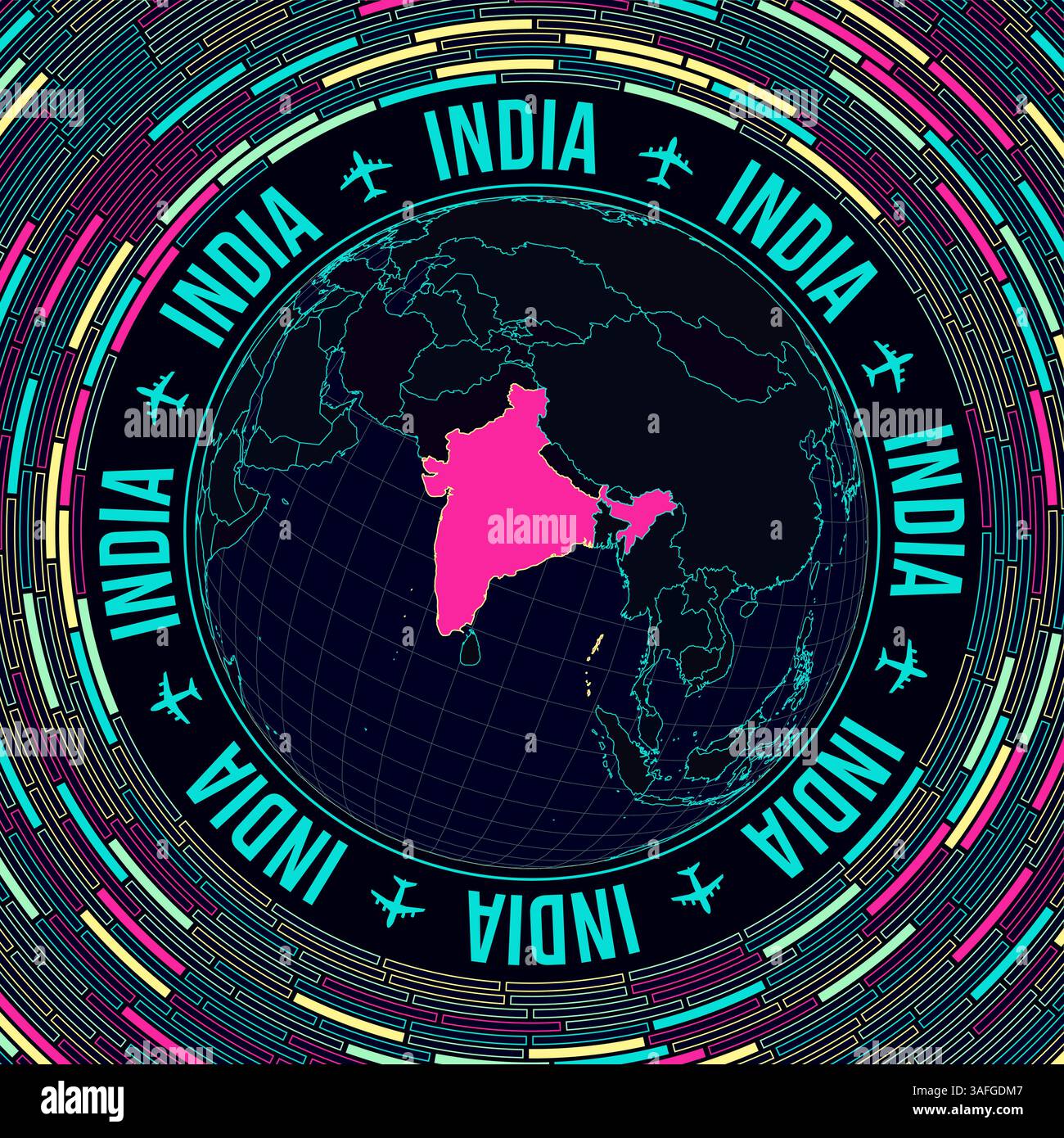 India on globe. Satellite view of the world centered to India. Bright ...