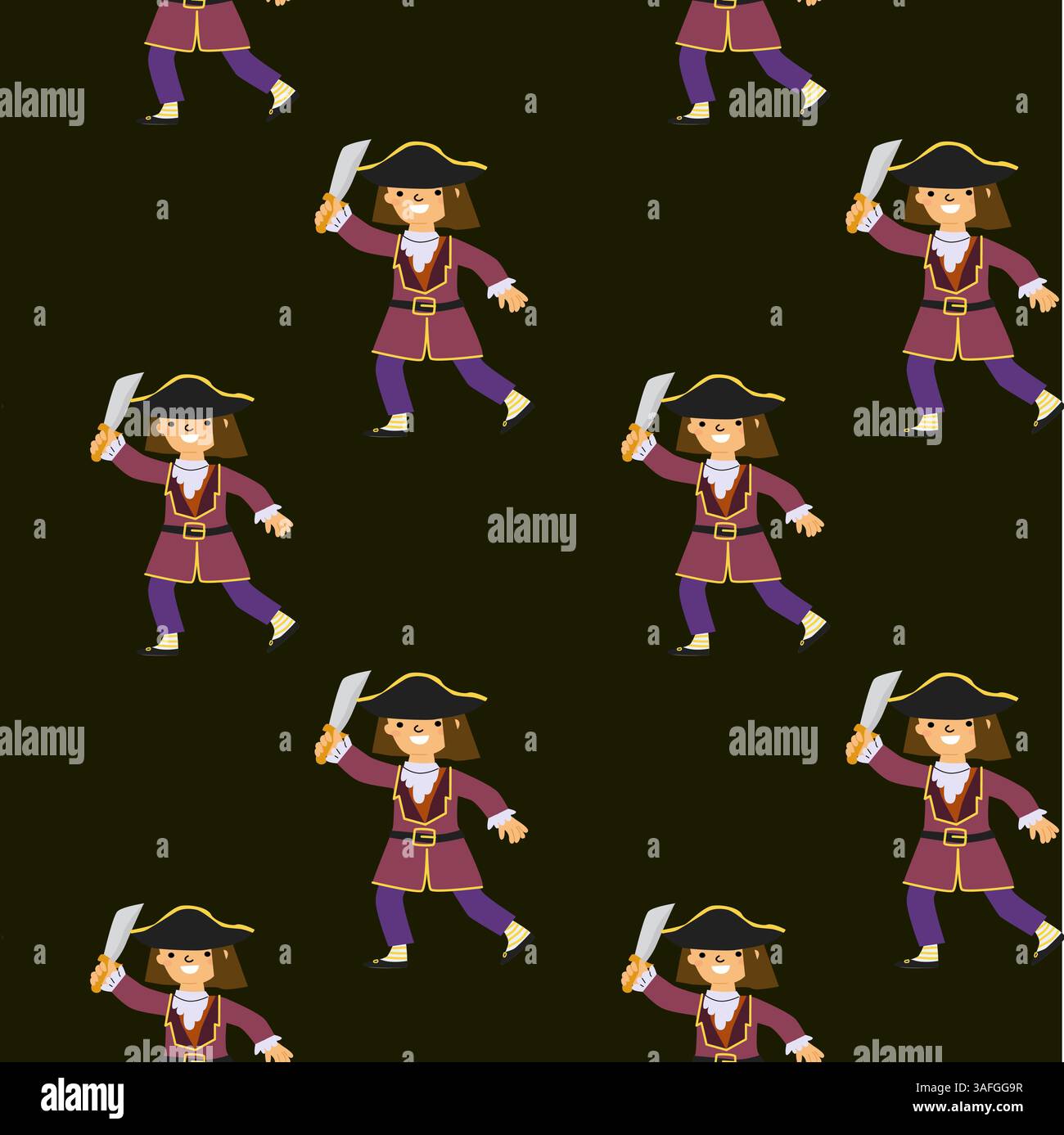 Seamless pattern of animated female pirates with swords in purple ...