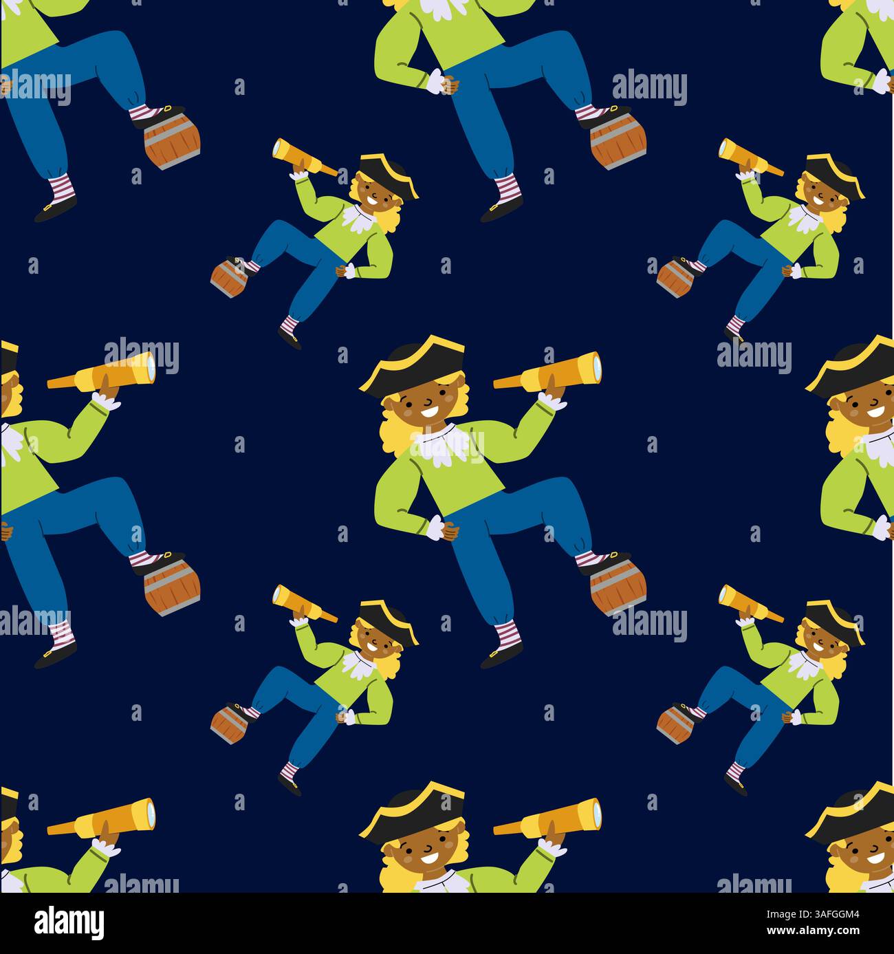 Colorful cartoon pirate pattern with telescopes on navy background ...