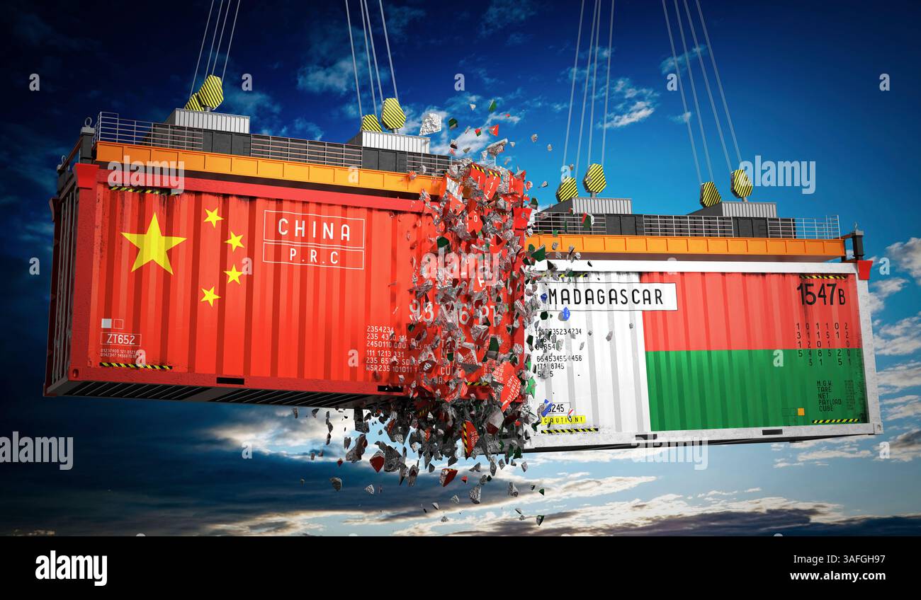 Cargo containers with flags of China and Madagascar - 3D illustration ...