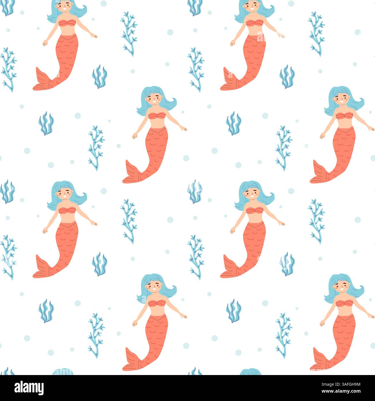 Seamless pattern of cartoon red-tailed mermaids with seaweed and ...
