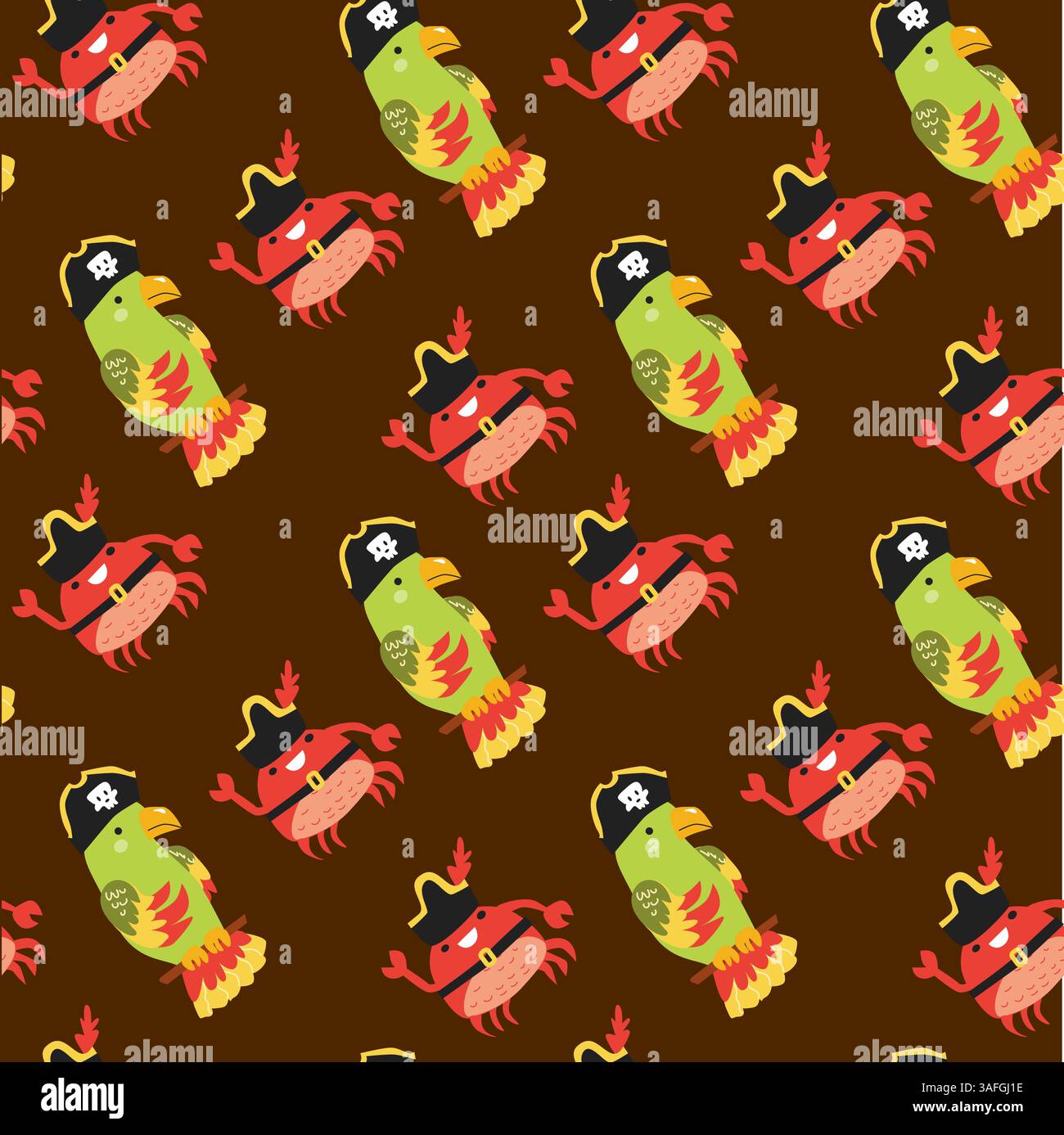 Colorful pirate-themed pattern with parrots and crabs on brown ...