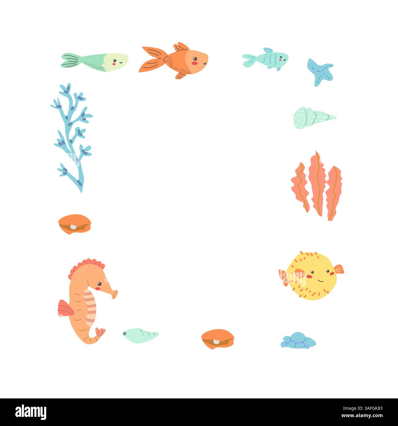 Colorful cartoon sea creatures and coral frame with seahorse and ...