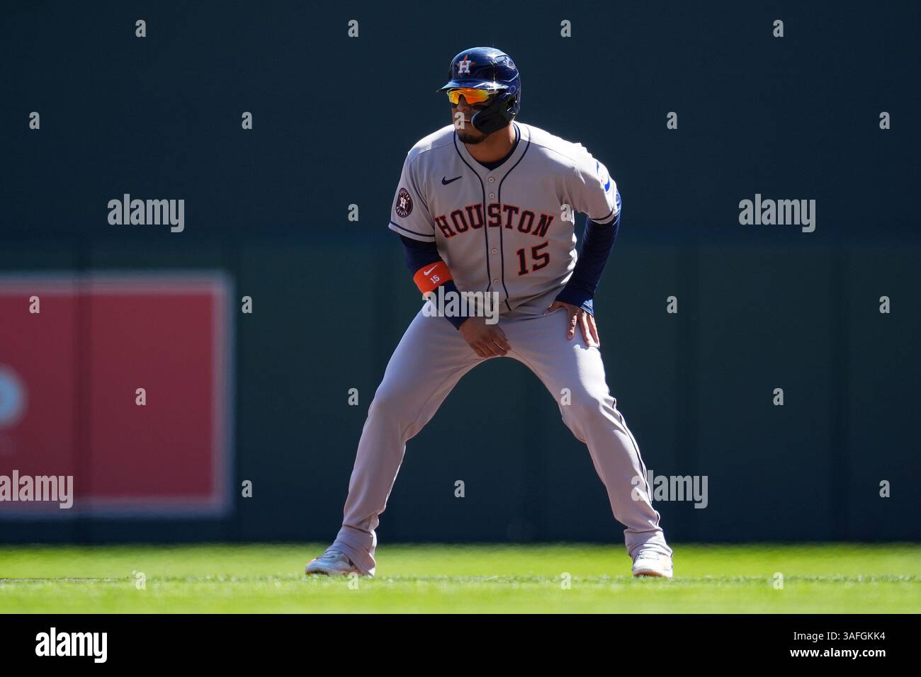 Houston Astros' Isaac Paredes (15) stands near first base during the ...