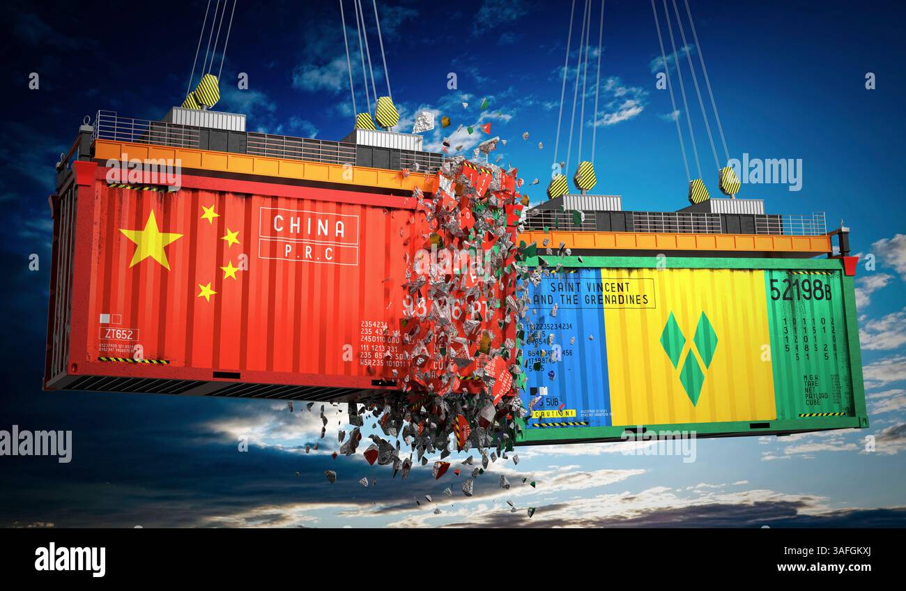 Cargo containers with flags of China and Saint Vincent and the ...