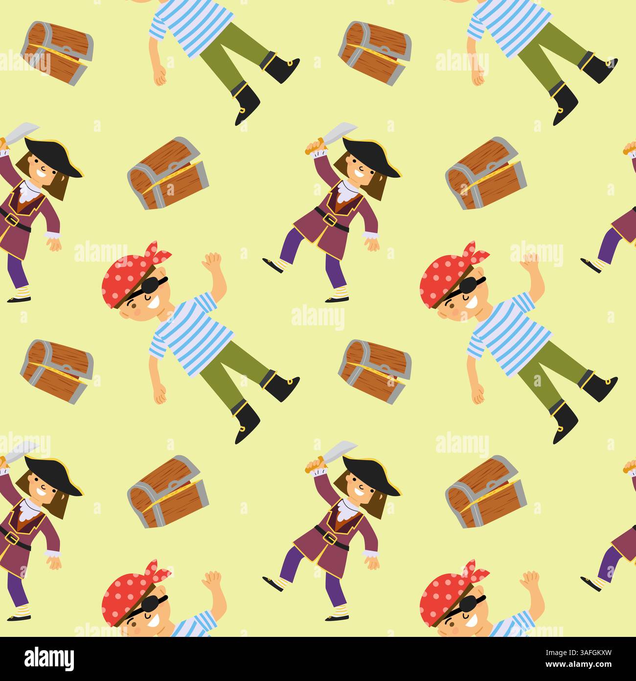 Colorful pirate pattern with cartoon characters and treasure chests ...