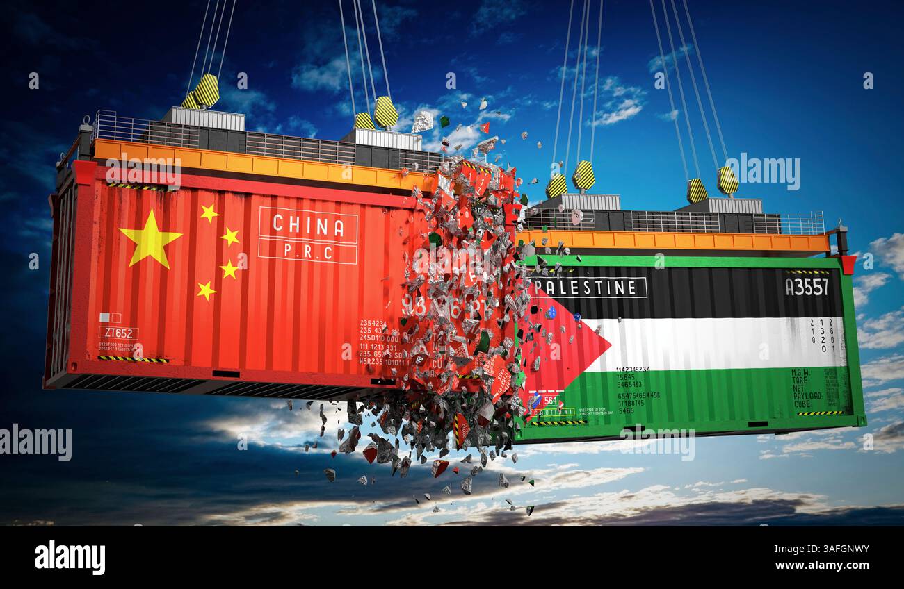 Cargo containers with flags of China and Palestine - 3D illustration ...