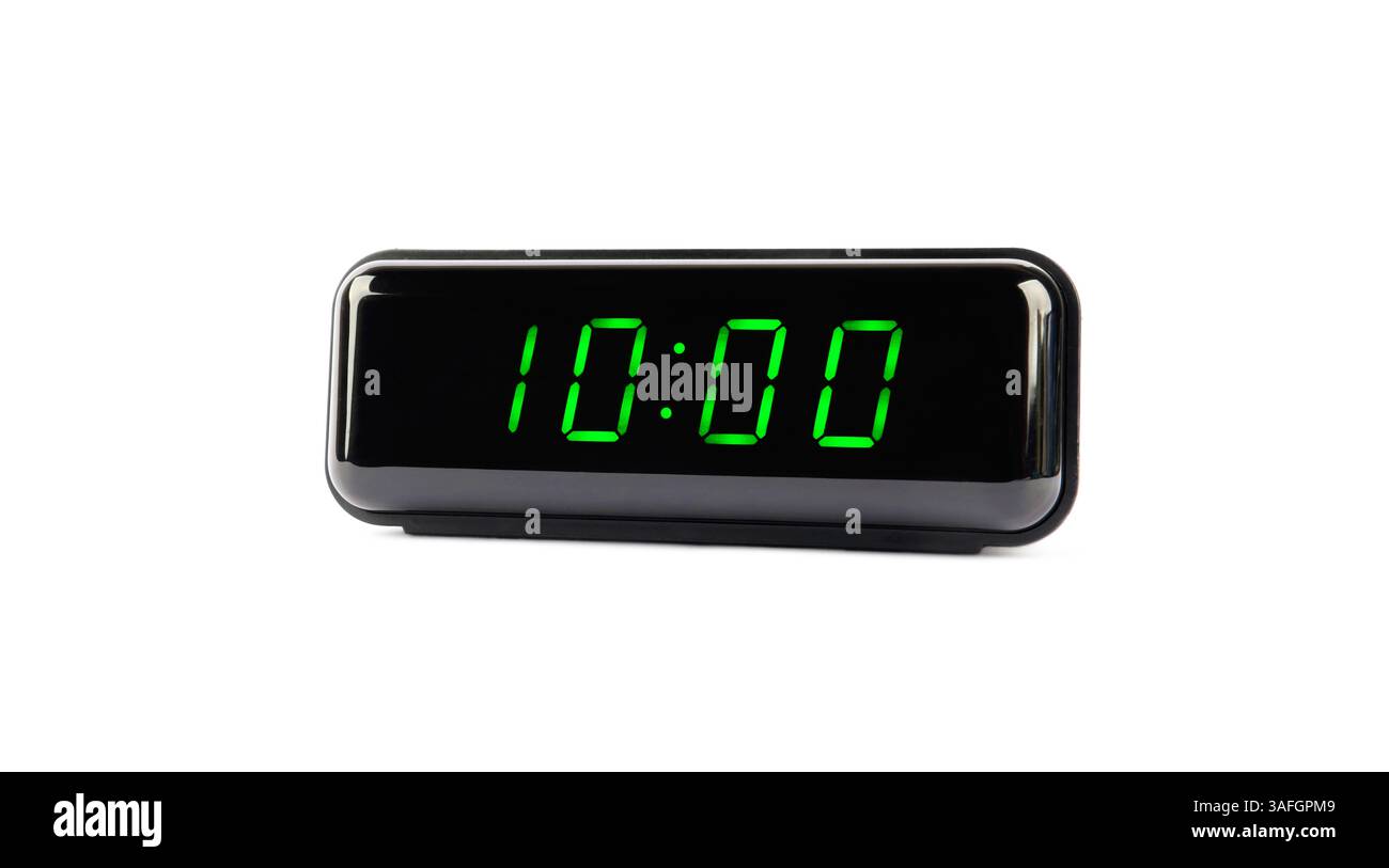 Digital alarm clock showing 10:00 o'clock on white background Stock ...