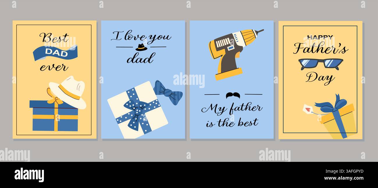 Father's day celebration cards featuring gifts, tools, and heartfelt ...