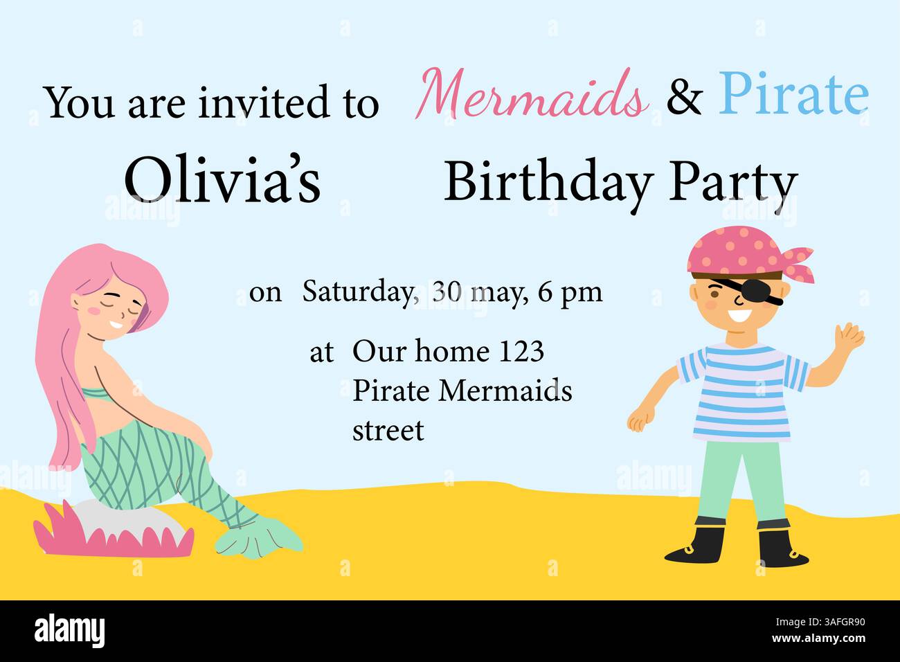 Mermaid and pirate themed children's birthday party invitation Stock ...
