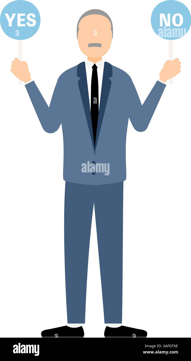 Simple illustration of businessman in business suit holding a yes-no ...