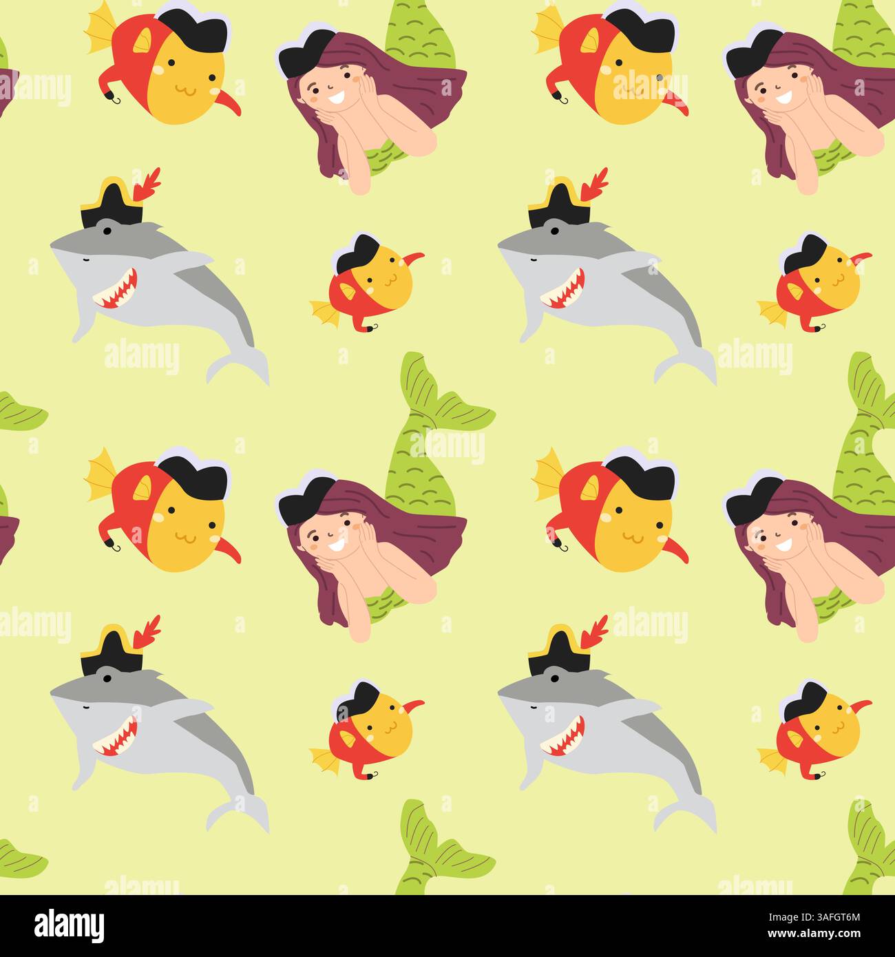 Playful pirate and sea creature pattern with cartoon sharks and ...