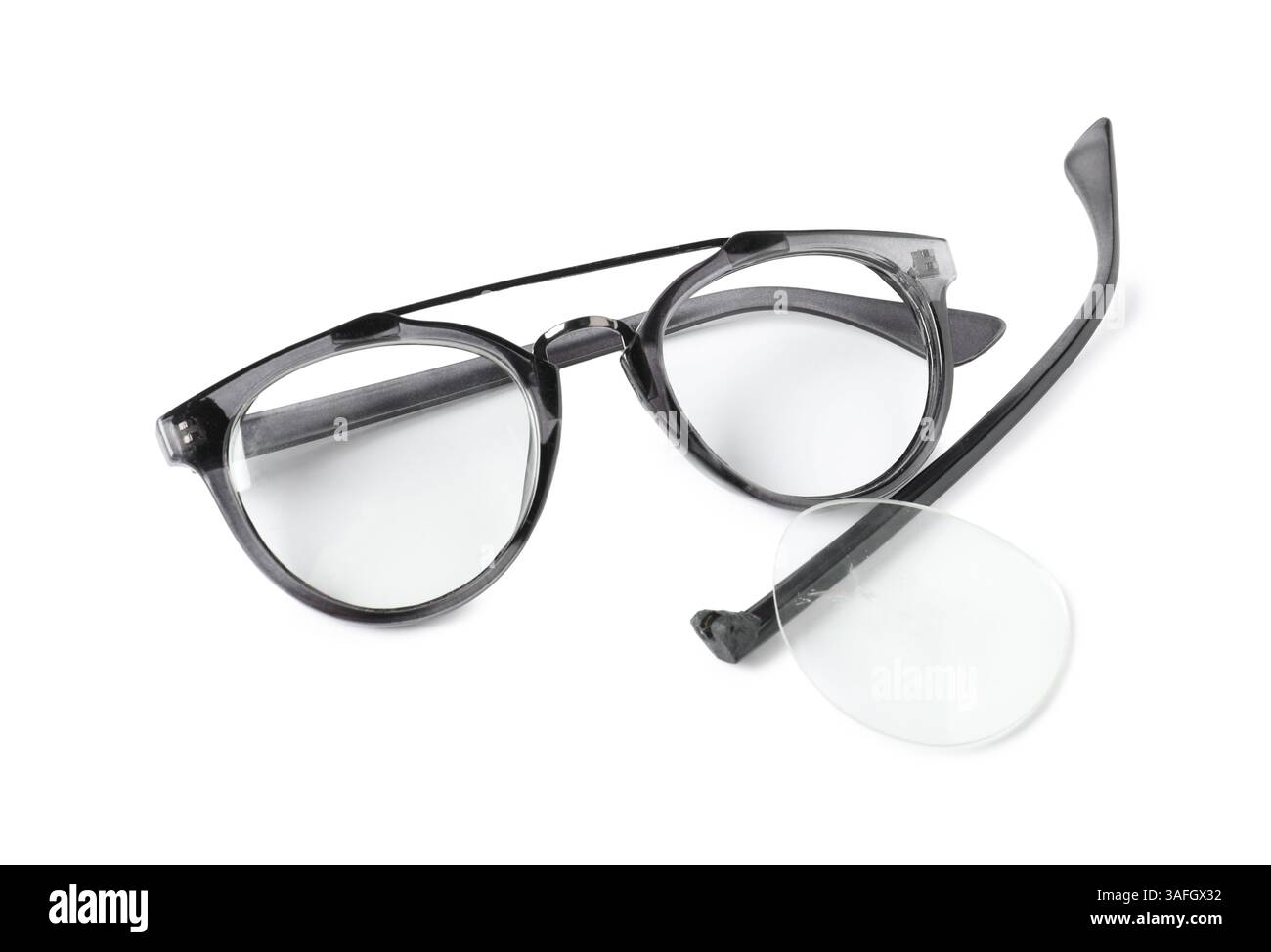 Eyeglasses with broken temple and lens isolated on white Stock Photo ...