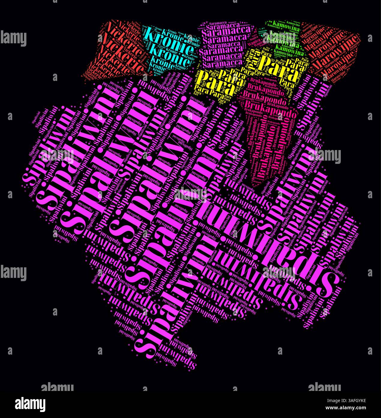 Suriname Regions Word Clouds. Bright neon style design on dark ...