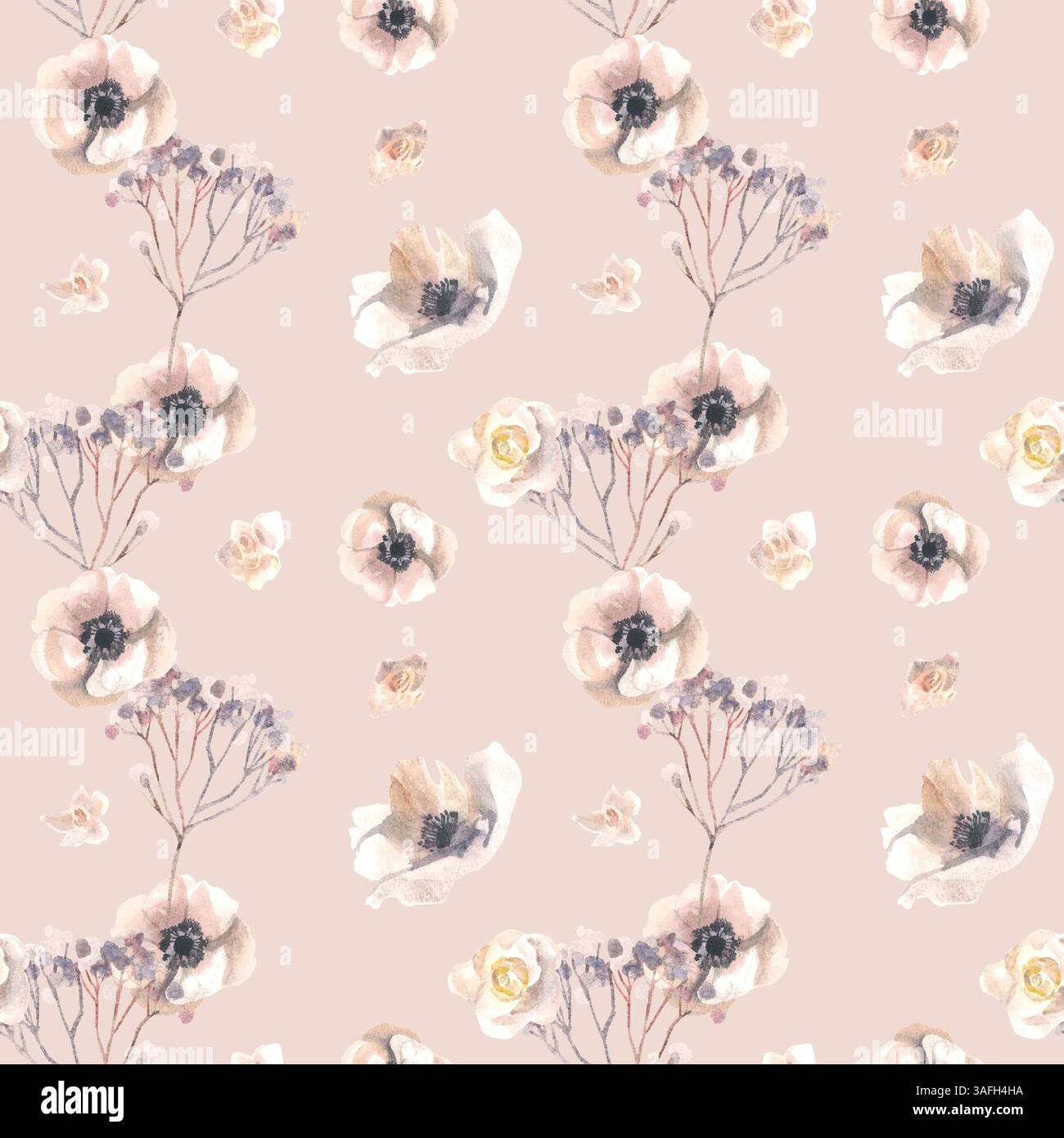 Hand-drawn watercolor pattern with anemones Stock Photo - Alamy