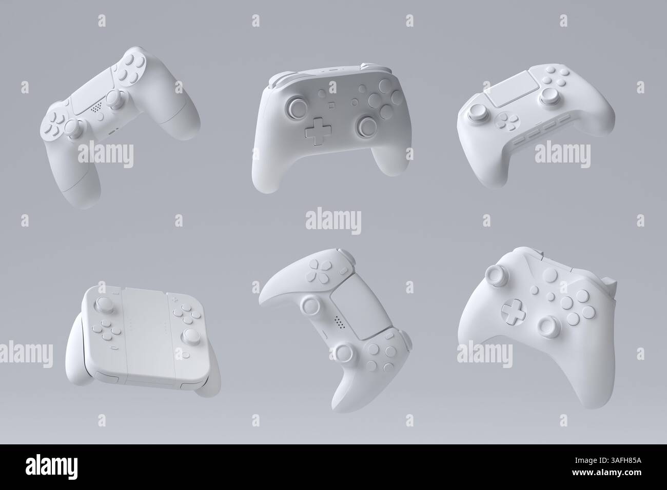 Set of flying gamer joysticks or gamepads on monochrome background. 3d ...