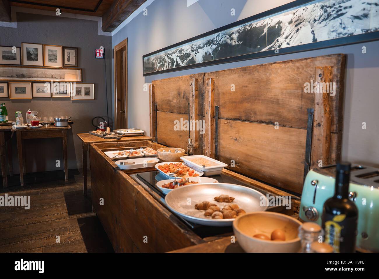Rustic Dining Area with Buffet in Luxury Italian Alpine Hotel Stock ...