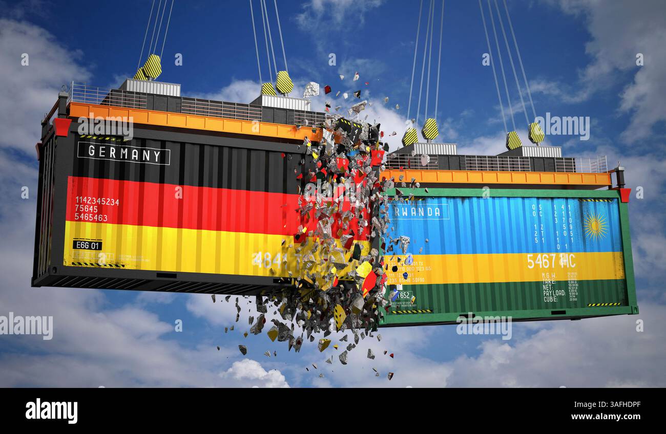 Cargo containers with flags of Germany and Rwanda - 3D illustration ...