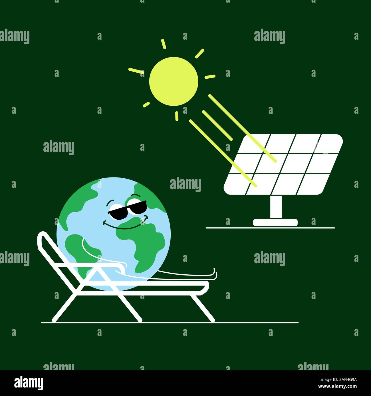 Solar panels, illustration of earth on beach with sunglasses Stock ...