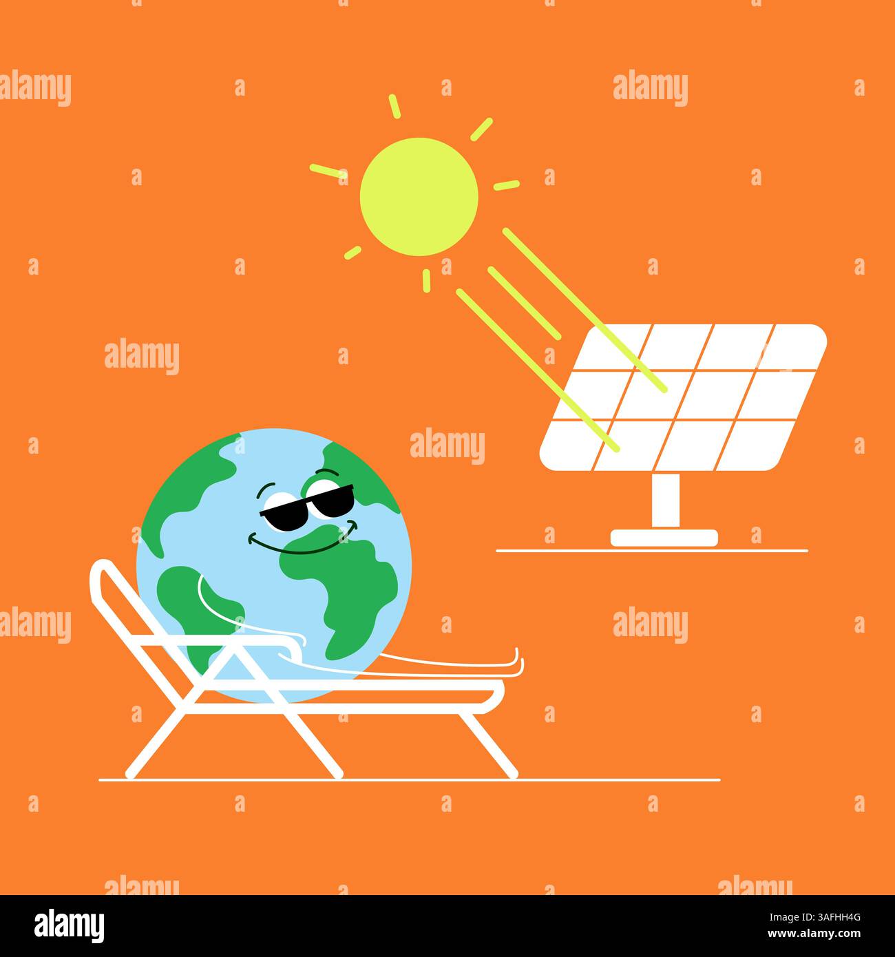 Solar panels, illustration of earth on beach with sunglasses Stock ...