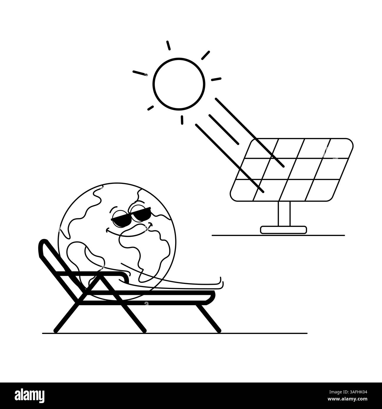 Solar panels, illustration of earth on beach with sunglasses Stock ...