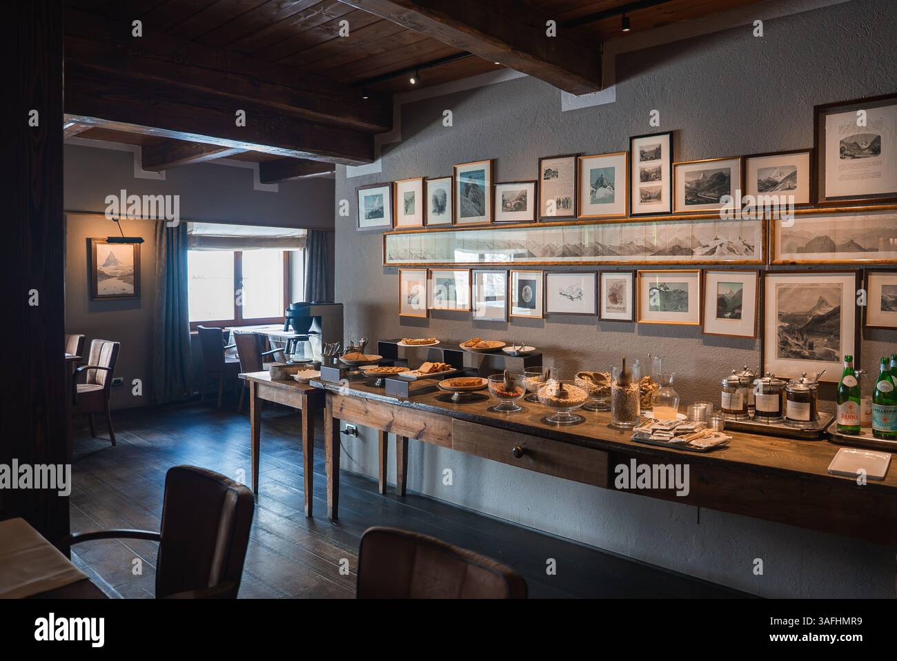Rustic Dining Area in Luxury Alpine Hotel with Breakfast Buffet Stock ...