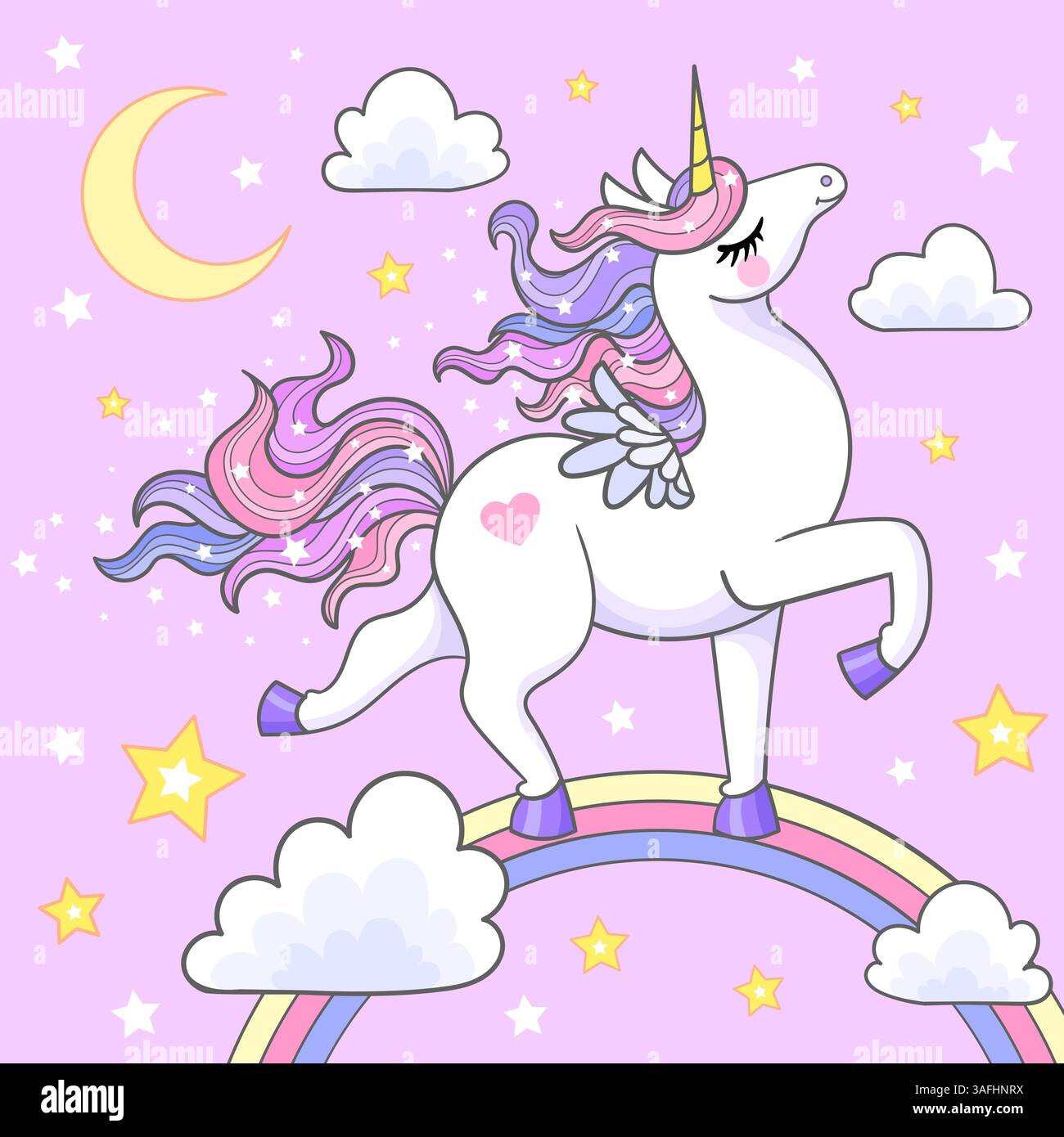 White cartoon unicorn walking on rainbow on pink background. Flat ...