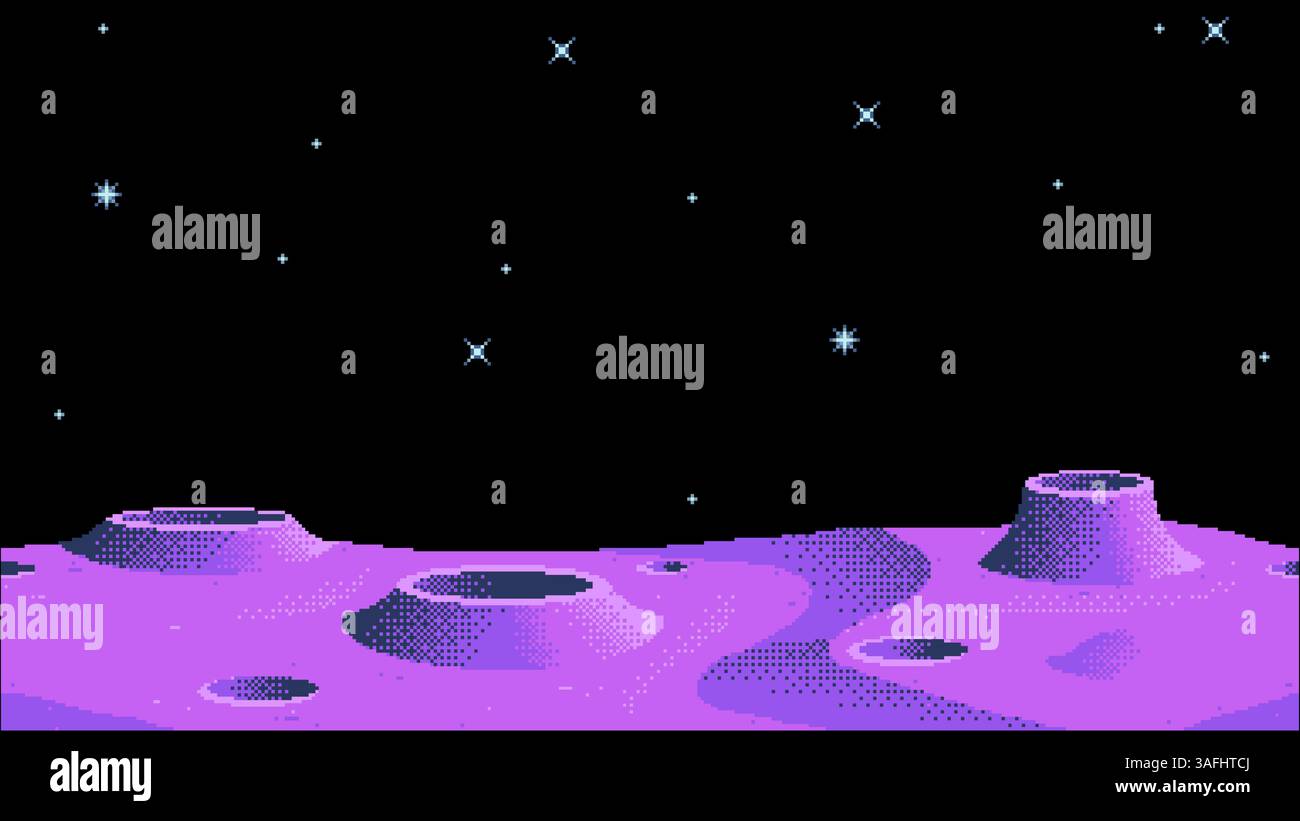 Retro-style pixel art of a moon-like surface with craters and starry ...