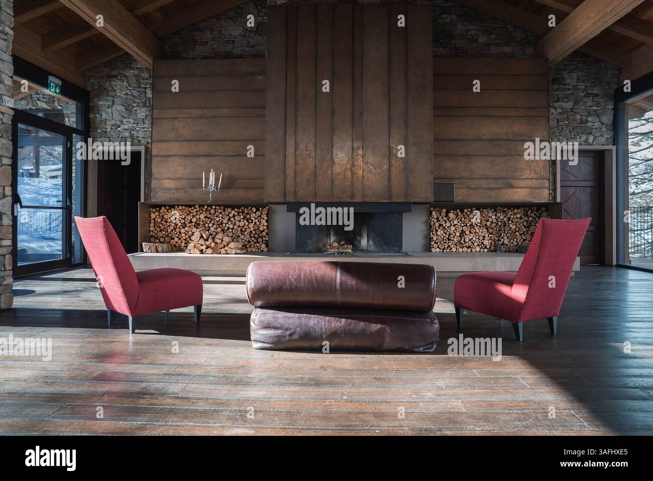 Luxurious Alpine Hotel Interior with Fireplace and Rustic Design Stock ...