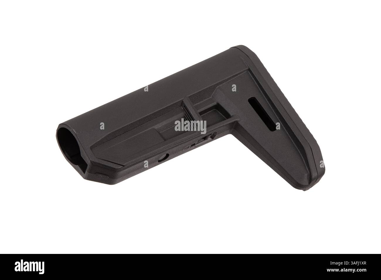 A durable black polymer rifle stock designed for rear firearm ...