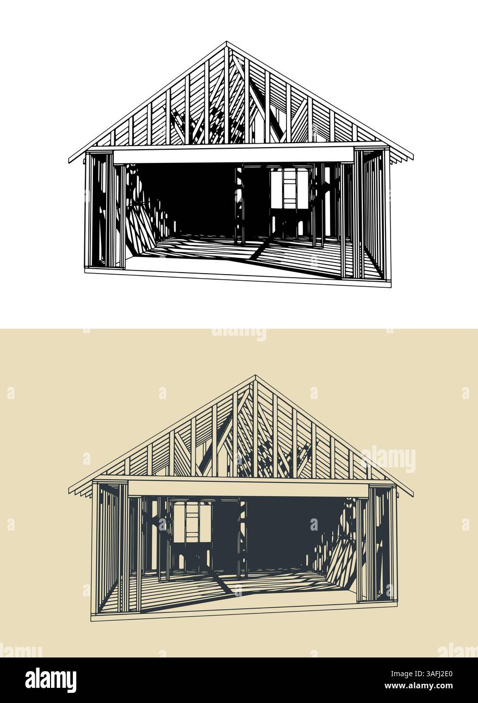 Timber frame house under construction stylized vector illustrations ...