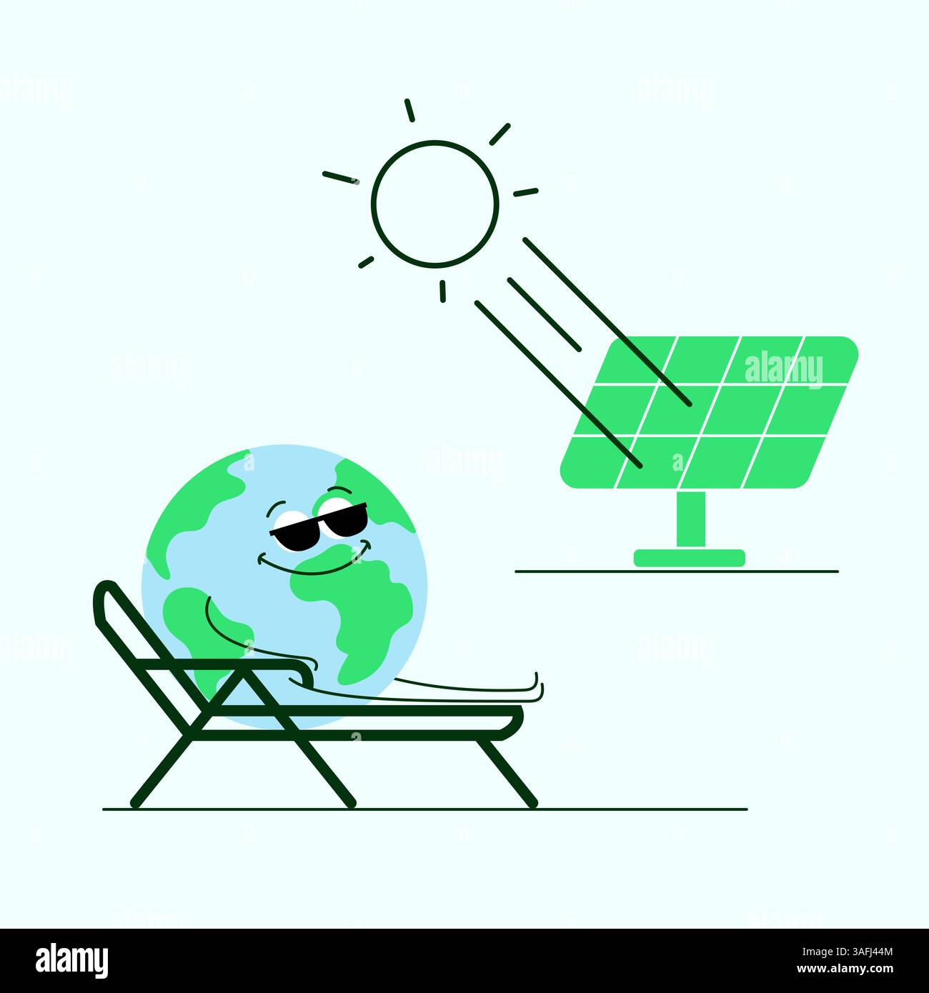 Solar panels, illustration of earth on beach with sunglasses Stock ...