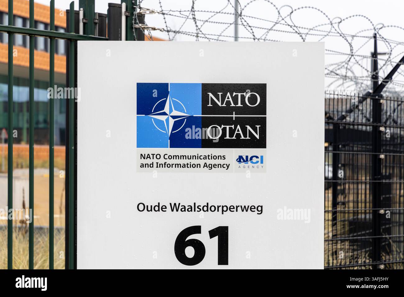 The Hague, the Netherlands. 15 February 2025. NATO logo at the entrance ...