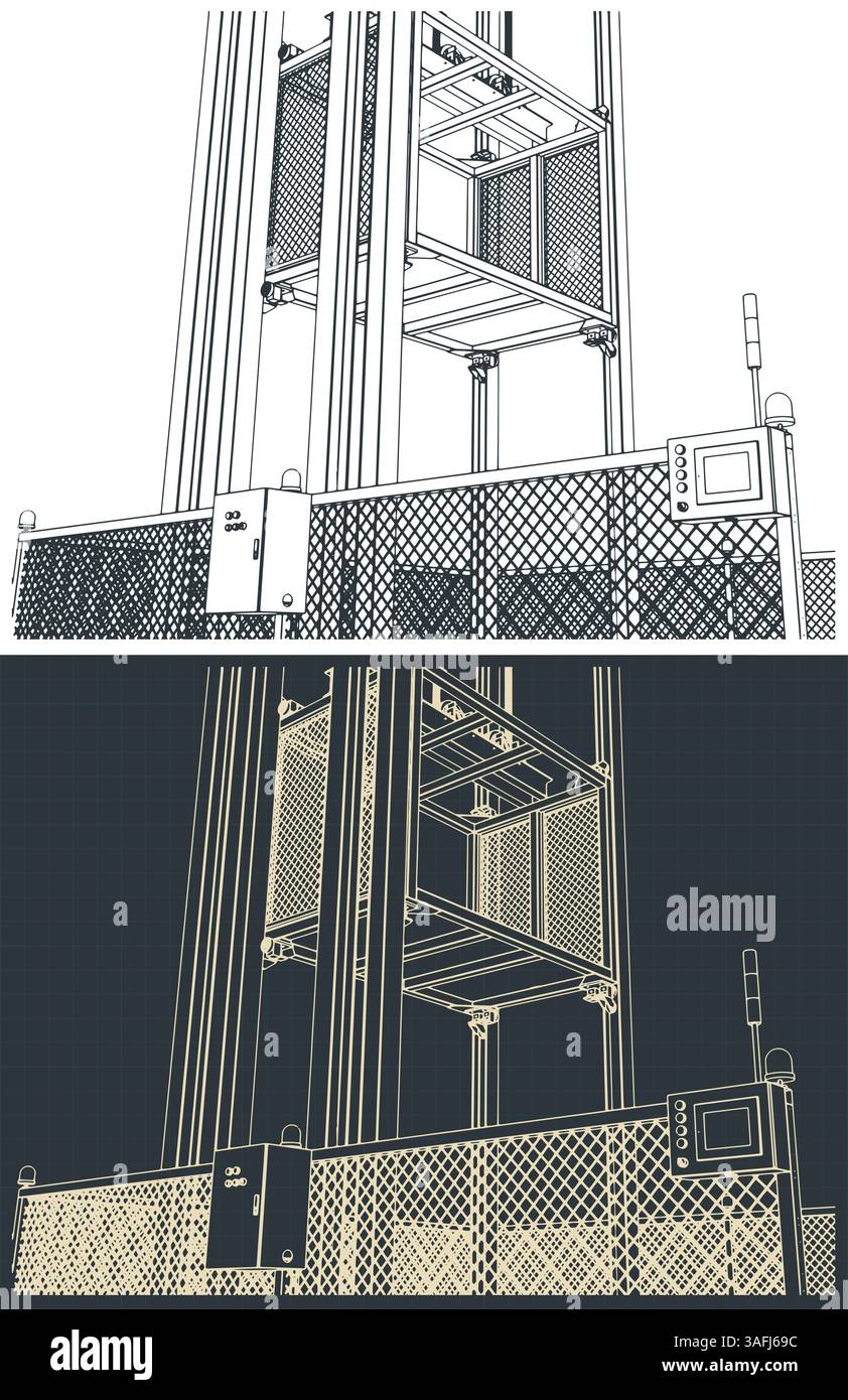 Industrial construction lift blueprints stylized vector illustrations ...