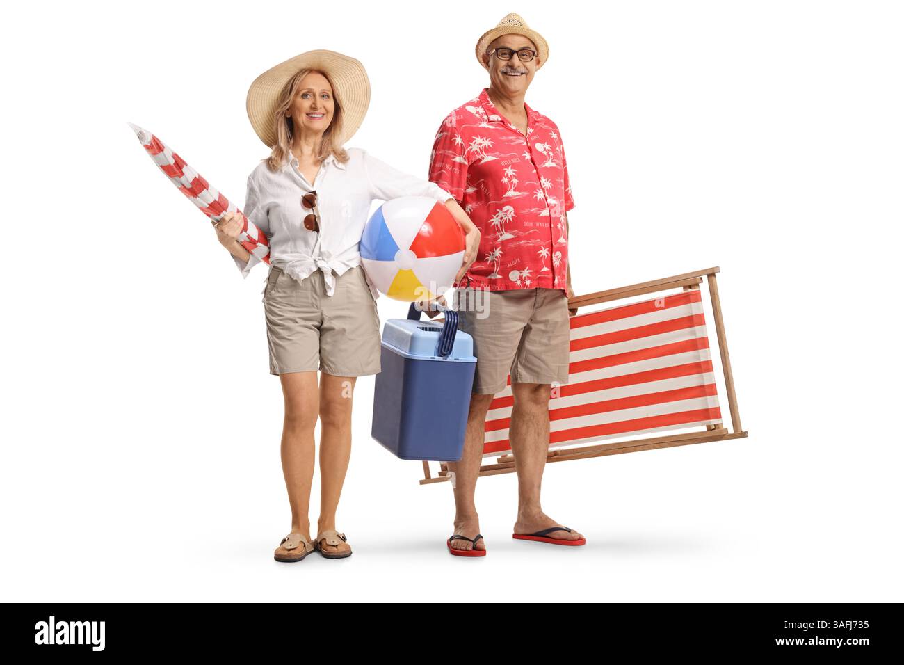Happy mature couple getting ready for the beach isolated on white ...
