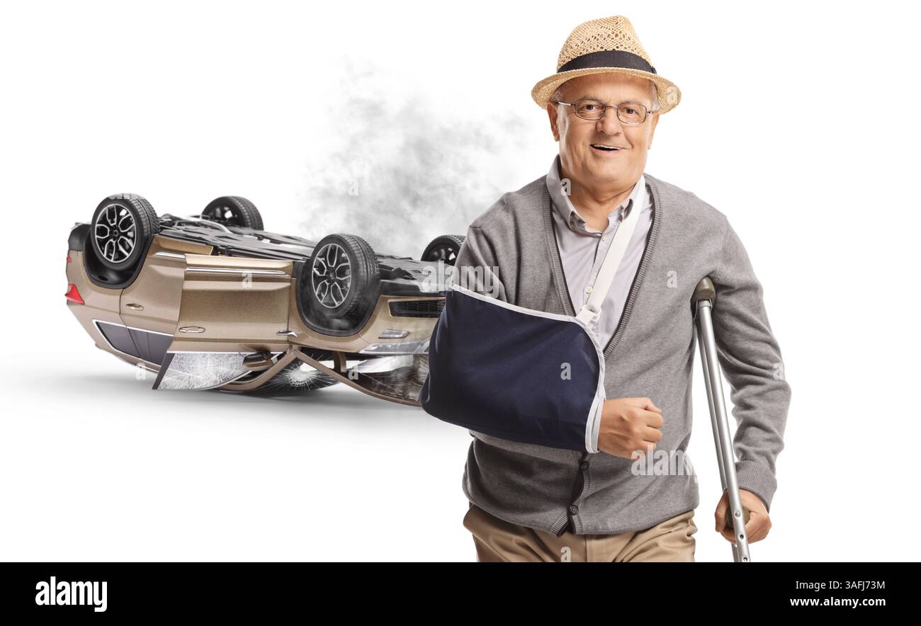 Elderly man with a broken arm injured in a car crash isolated on white ...