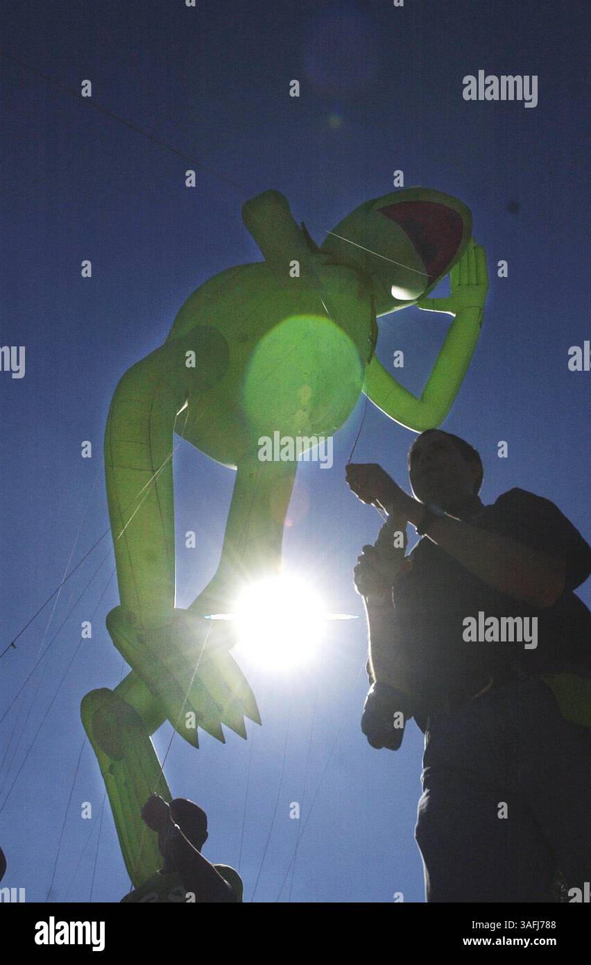 A Kermit the Frog balloon flies overhead during the celebration to ...